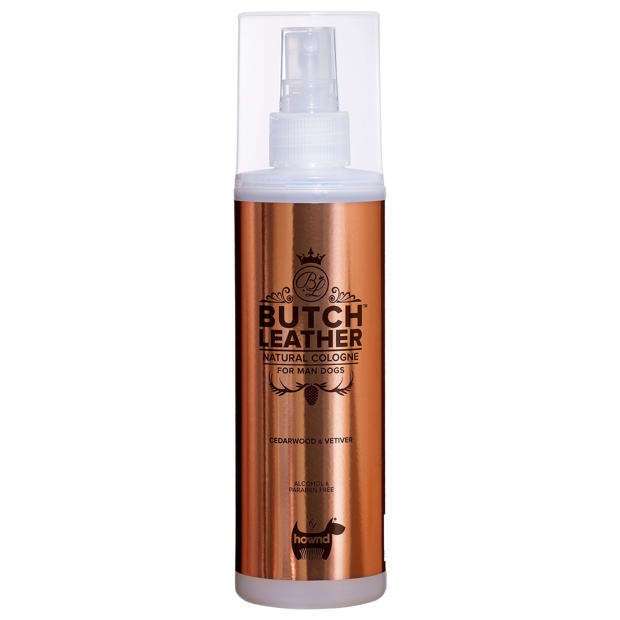 hownd Butch Leather Natural Cologne Deodorizer & Shine Spray For Dogs, Long Lasting, Cedarwood & Vetiver - Freshen Up Between Baths, No Alcohol, Parabens, Soap or Dyes 8.5oz