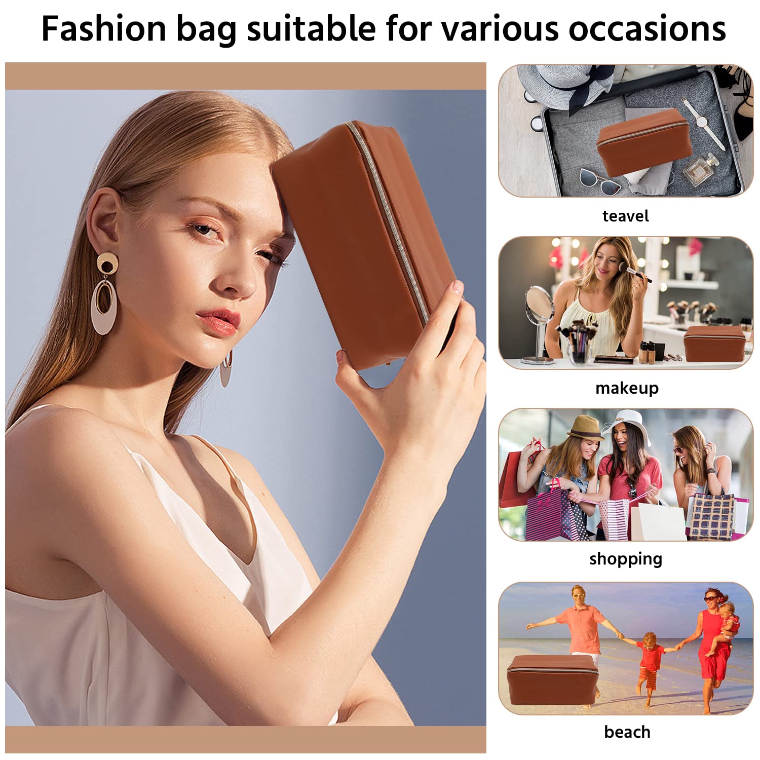 Makeup Bag,Large Capacity Travel Cosmetic Bag for Women, Multifunctional Open Flat Toiletry Bag with Handle,Washable Waterproof Beauty Zipper Makeup Organizer (Synthetic leather, brown)