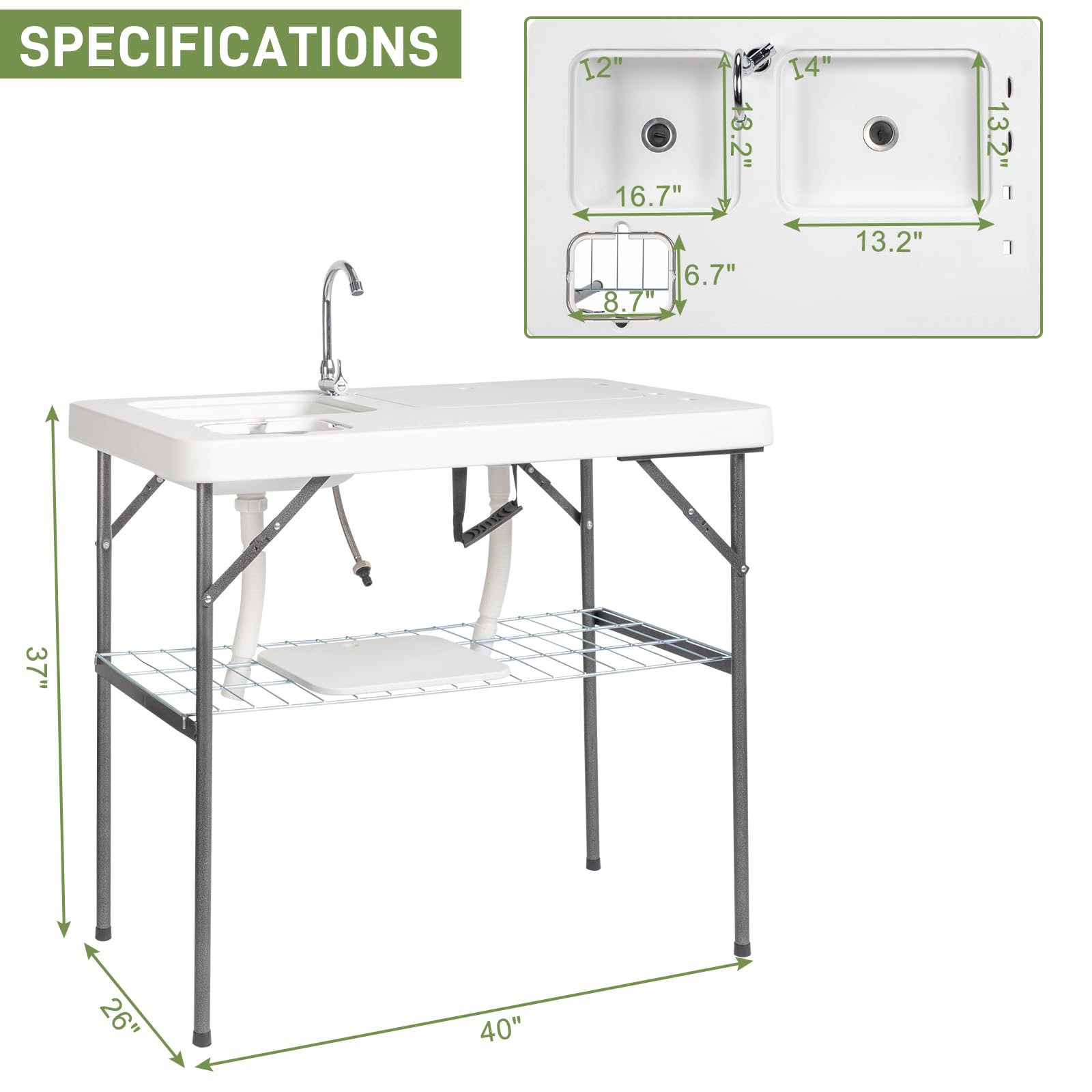 Outvita Fish Cleaning Table Folding Portable Camping Sink Table with Sink Faucet Drainage Hose/Outdoor Camping Table with Grid Rack & Knife Groove,Fish Fillet Hunting Cleaning Cutting Table,White