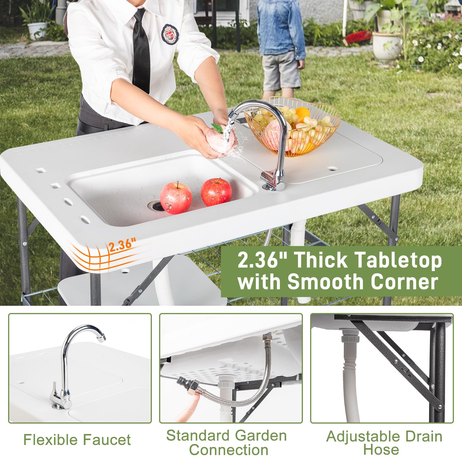 Outvita Fish Cleaning Table Folding Portable Camping Sink Table with Sink Faucet Drainage Hose/Outdoor Camping Table with Grid Rack & Knife Groove,Fish Fillet Hunting Cleaning Cutting Table,White