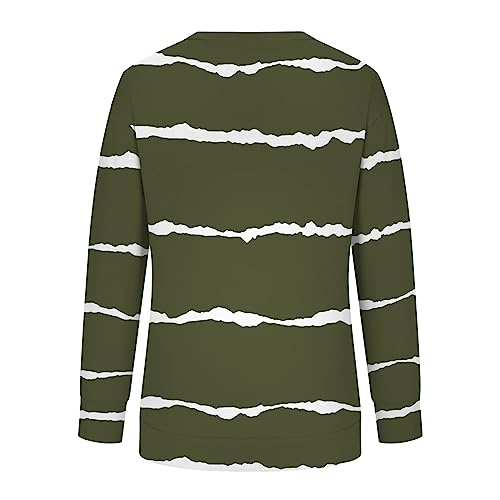 Deal Day Plus Size Fall Tops for Women Round Neck Striped Print Pullover Shirts Sweatshirts Long Sleeve Loose Tunic Blouse Army Green