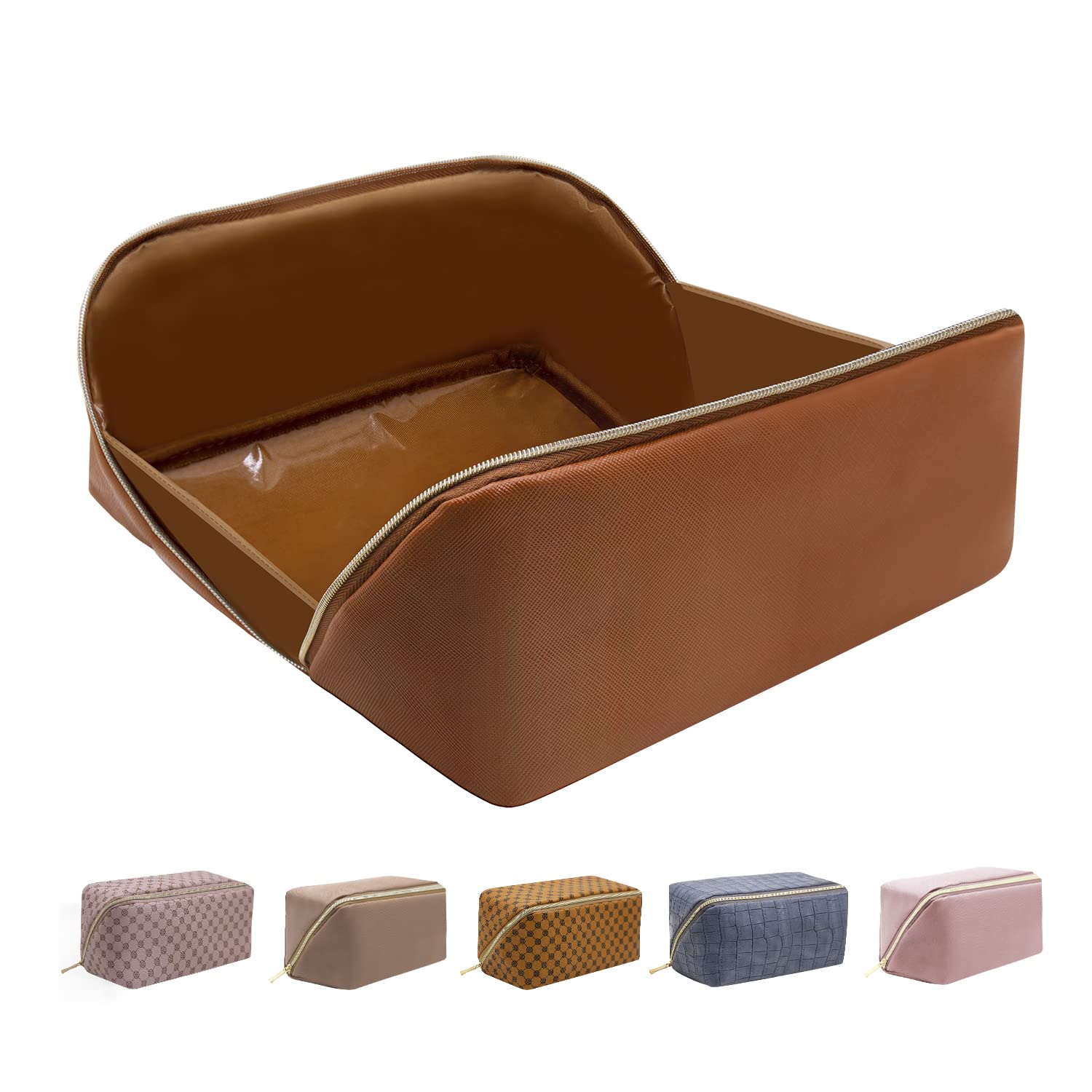 Makeup Bag,Large Capacity Travel Cosmetic Bag for Women, Multifunctional Open Flat Toiletry Bag with Handle,Washable Waterproof Beauty Zipper Makeup Organizer (Synthetic leather, brown)