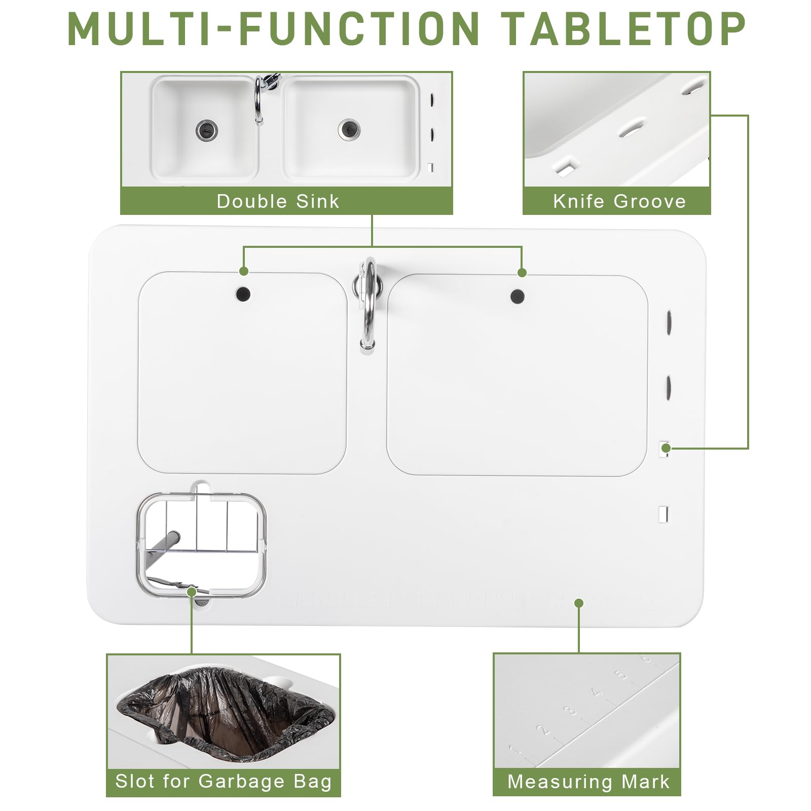 Outvita Fish Cleaning Table Folding Portable Camping Sink Table with Sink Faucet Drainage Hose/Outdoor Camping Table with Grid Rack & Knife Groove,Fish Fillet Hunting Cleaning Cutting Table,White