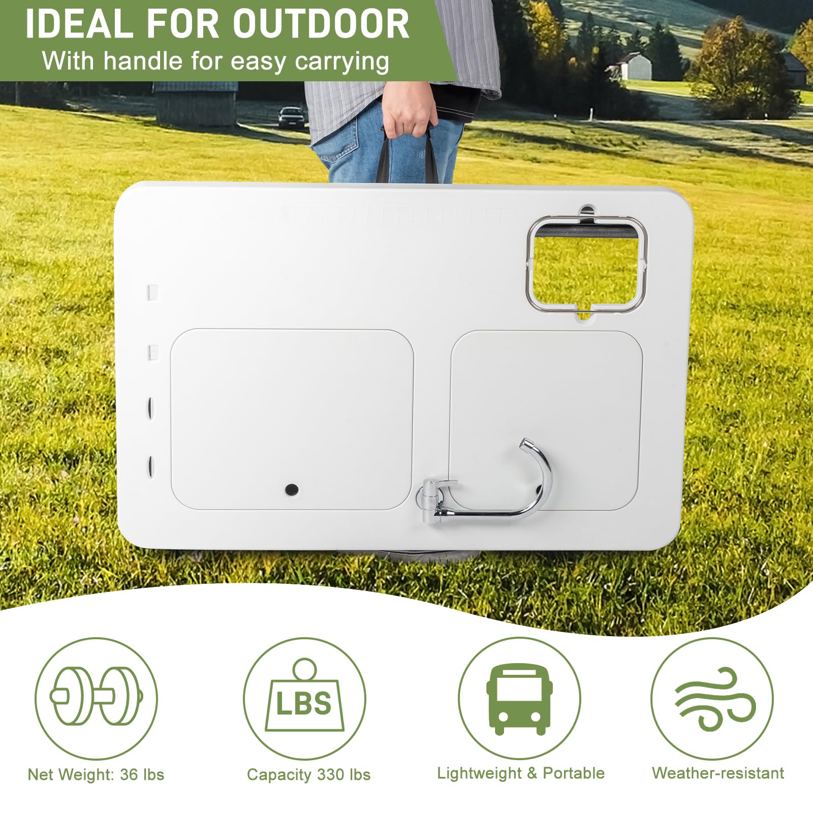 Outvita Fish Cleaning Table Folding Portable Camping Sink Table with Sink Faucet Drainage Hose/Outdoor Camping Table with Grid Rack & Knife Groove,Fish Fillet Hunting Cleaning Cutting Table,White