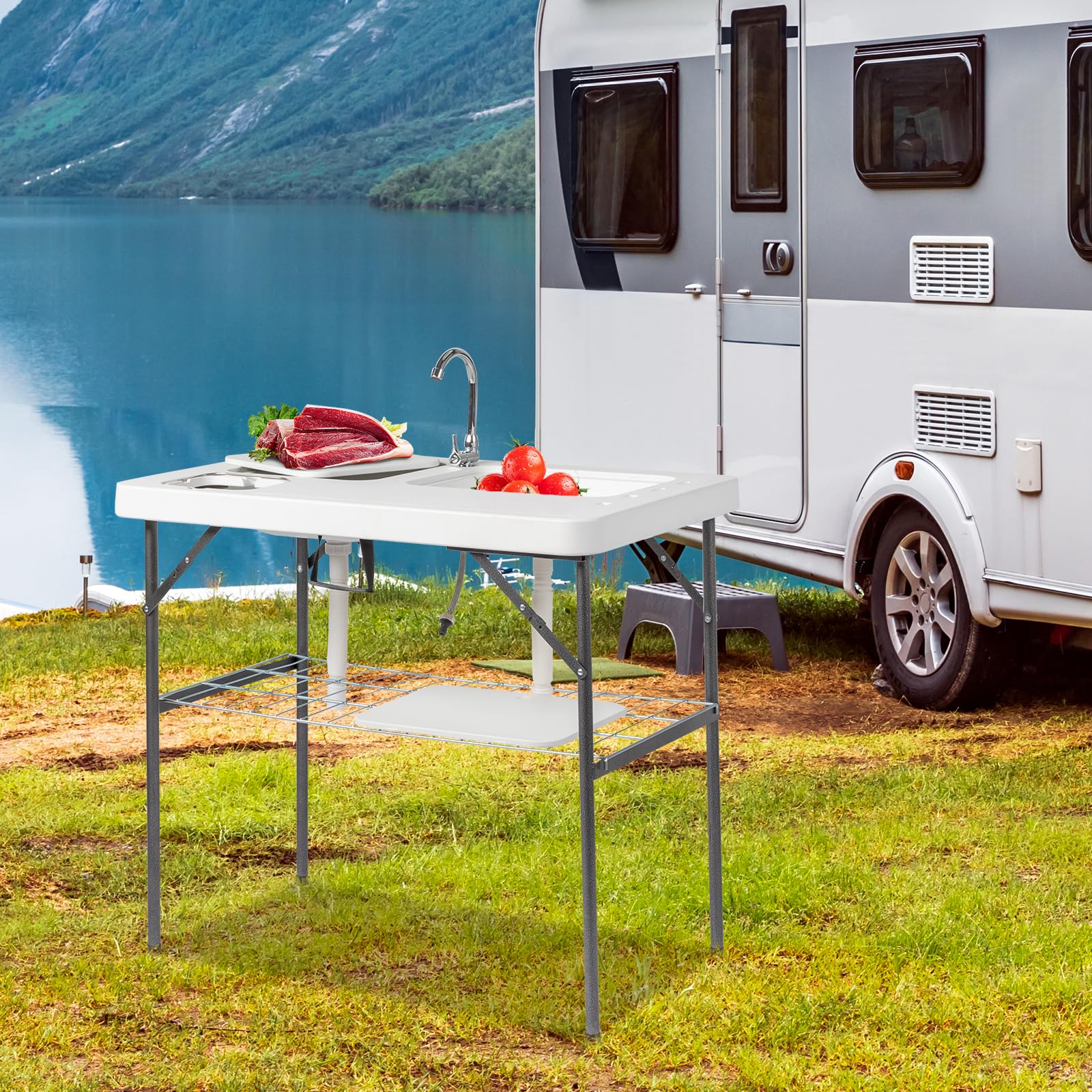 Outvita Fish Cleaning Table Folding Portable Camping Sink Table with Sink Faucet Drainage Hose/Outdoor Camping Table with Grid Rack & Knife Groove,Fish Fillet Hunting Cleaning Cutting Table,White