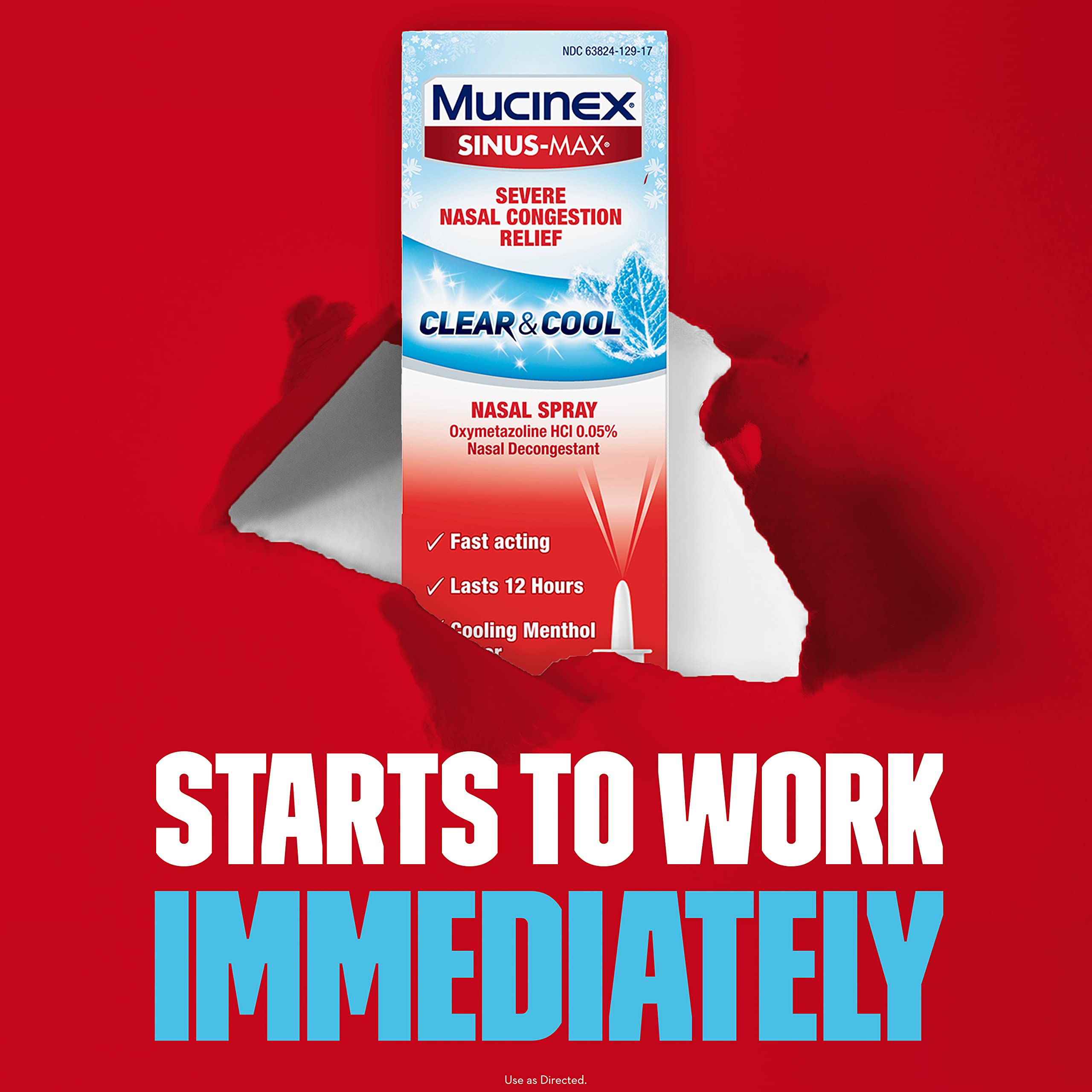 Mucinex Sinus-Max Severe Nasal Congestion Relief Clear & Cool Nasal Spray, 0.75 fl. oz., Lasts 12 Hours, Fast Acting, Cooling Menthol Flavor