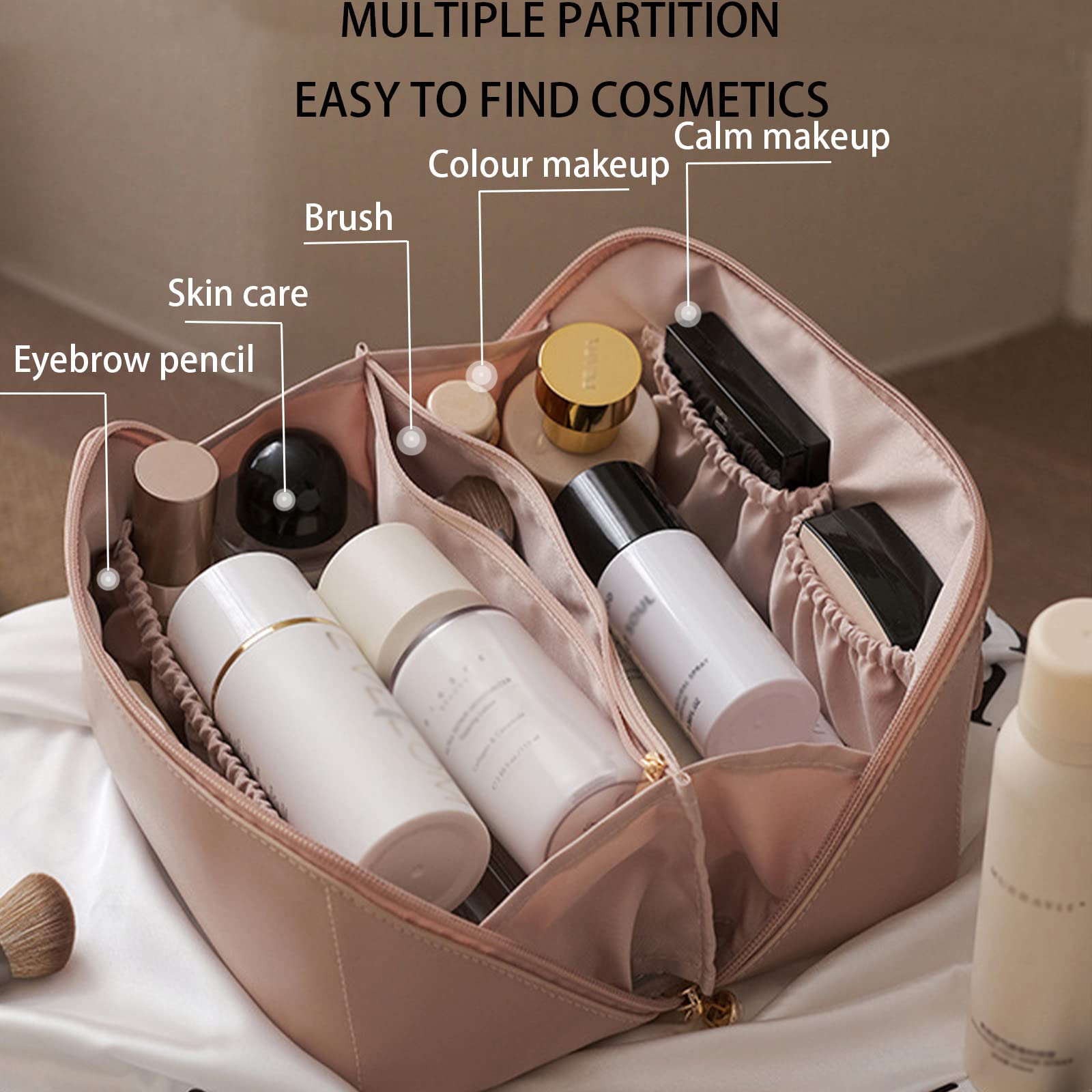 SLIFOUE Large Capacity Travel Cosmetic Bag,Makeup Bag,Waterproof Portable PU Leather Makeup Organizer Bag with Dividers and Handle (Pink)