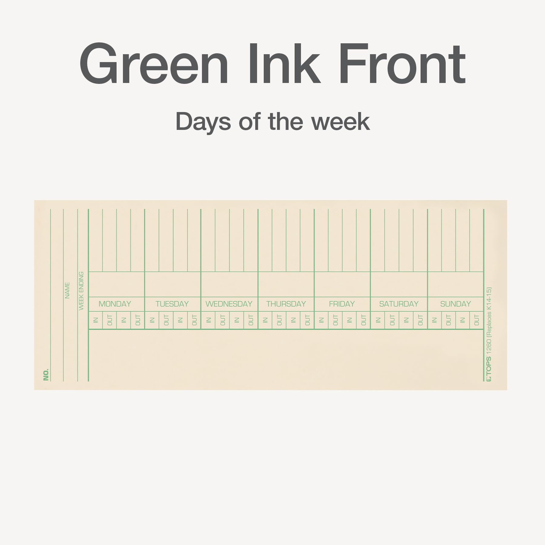 TOPS Time Cards, Weekly, 2-Sided, Named Days, 3-3/8" x 8-1/4", Manila, Green/Red Print, 500-Count (1260)