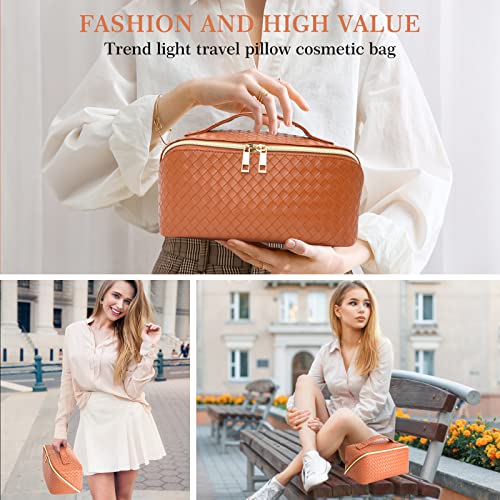 ZAUKNYA Large Capacity Travel Cosmetic Bag - Makeup Bag, Portable Leather Waterproof Women Organizer, with Handle and Divider Flat Lay Bags (Brown)