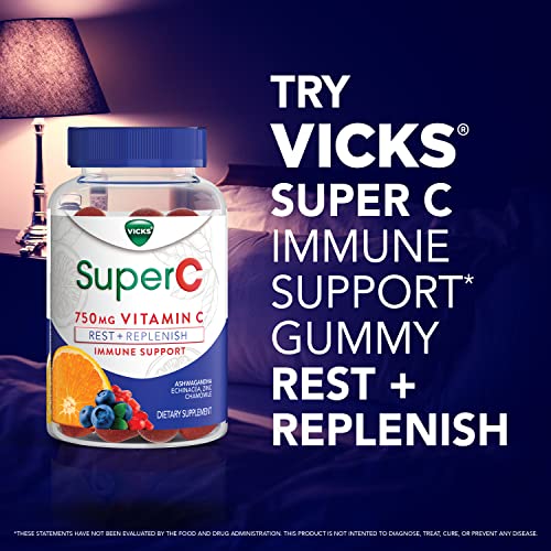 Vicks SuperC Vitamin C Gummies, Rest & Replenish, Immune Support (Vitamin C, Ashwagandha, Echinacea, Chamomile) Citrus Berry Flavored, 36 Gummies