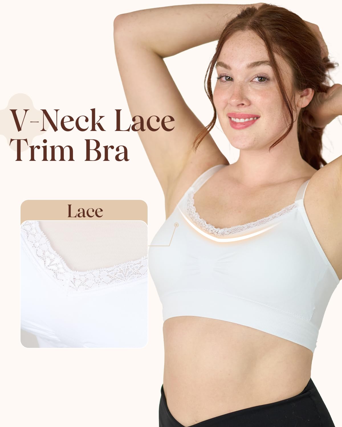 Coobie Women's V-Neck Lace Trim Bra, Pullover Wirefree T-Shirt Bra,White,X-Large