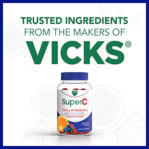 Vicks SuperC Vitamin C Gummies, Rest & Replenish, Immune Support (Vitamin C, Ashwagandha, Echinacea, Chamomile) Citrus Berry Flavored, 36 Gummies