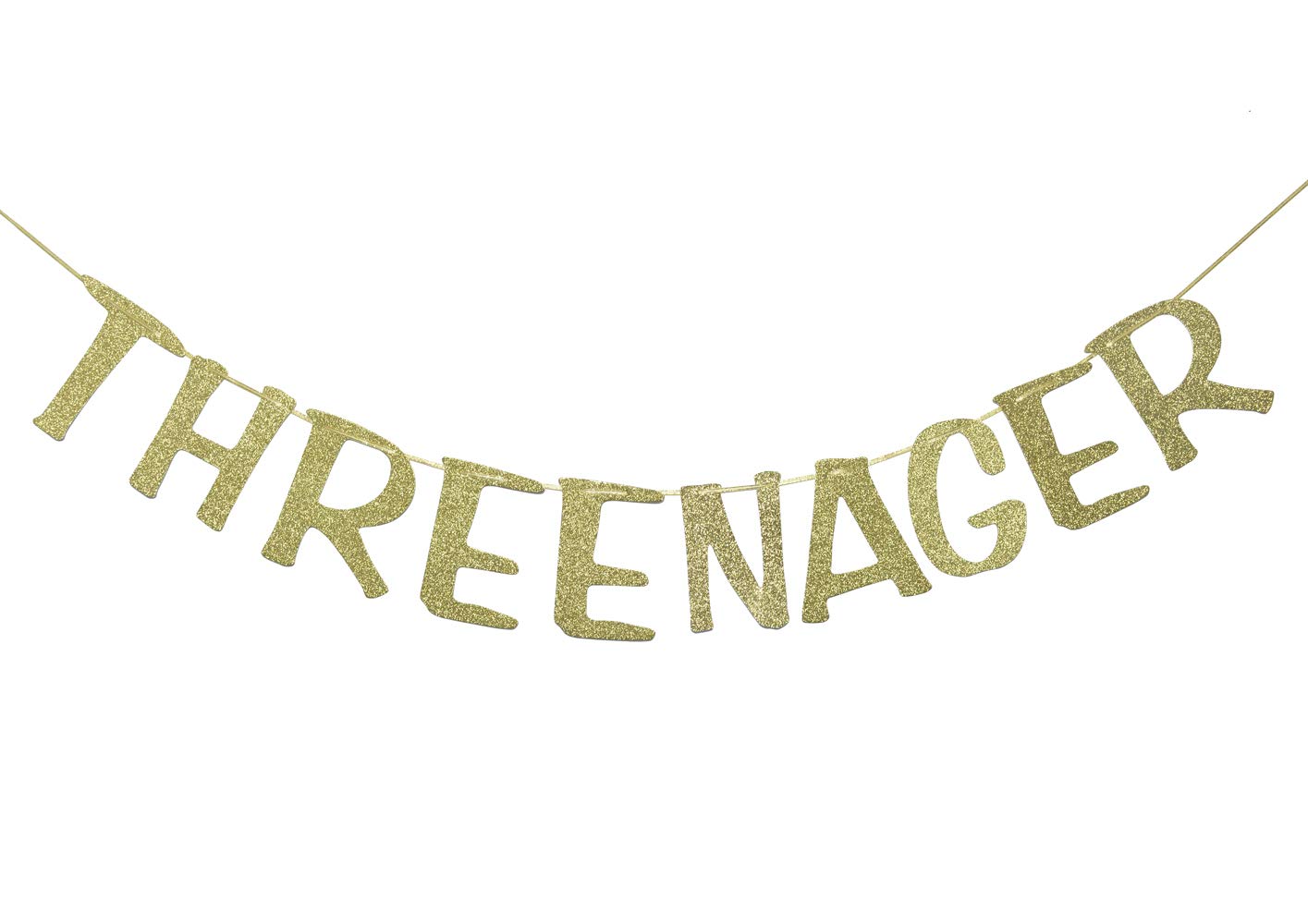 Threenager Banner Hanging Garland for 3rd Birthday Party Photo Prop Party Decoration Sign (Gold Glitter)