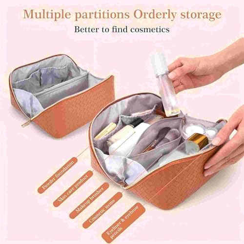 ZAUKNYA Large Capacity Travel Cosmetic Bag - Makeup Bag, Portable Leather Waterproof Women Organizer, with Handle and Divider Flat Lay Bags (Brown)