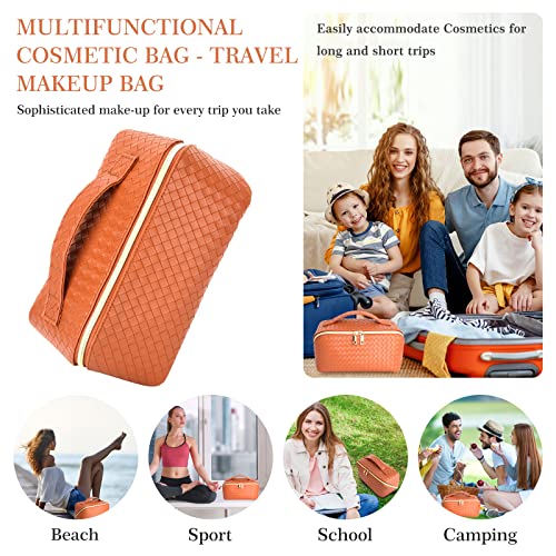 ZAUKNYA Large Capacity Travel Cosmetic Bag - Makeup Bag, Portable Leather Waterproof Women Organizer, with Handle and Divider Flat Lay Bags (Brown)