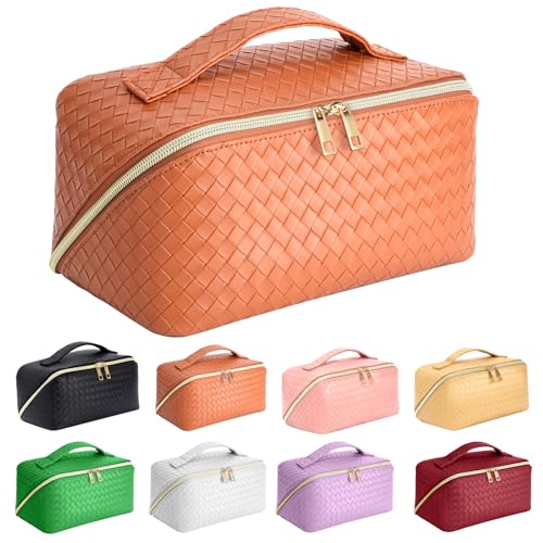 ZAUKNYA Large Capacity Travel Cosmetic Bag - Makeup Bag, Portable Leather Waterproof Women Organizer, with Handle and Divider Flat Lay Bags (Brown)