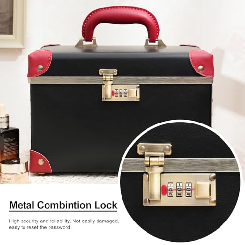 urecity Portable Retro Leather Makeup Train Case Cosmetic Organizer Case Leather Storage Box with Combination Lock (12.5", Black)