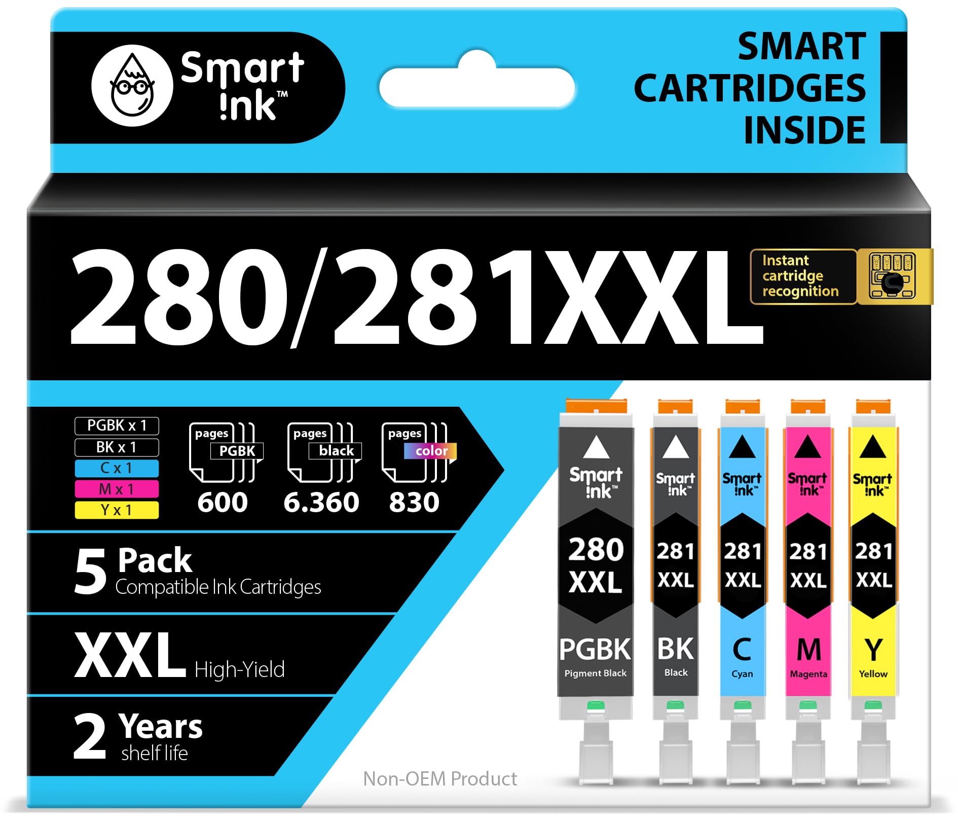 Smart Ink Compatible Ink Cartridges Replacement for Canon 281 280 PGI-280XXL CLI-281XXL (5 Combo Pack) to use with Canon Printers Pixma TR8520 TS9120 TS6120 TR8620 TR8620a TS6320 TR7520 PGBK/BK/C/M/Y