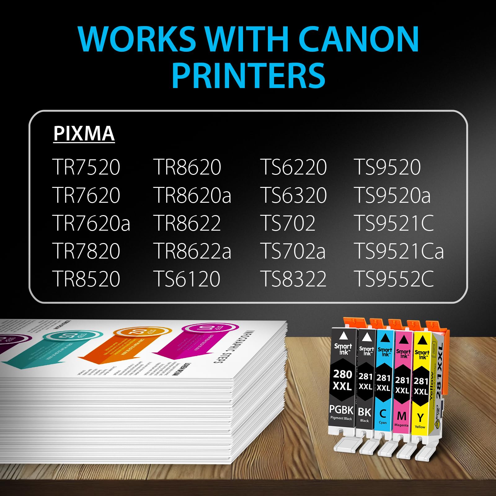 Smart Ink Compatible Ink Cartridges Replacement for Canon 281 280 PGI-280XXL CLI-281XXL (5 Combo Pack) to use with Canon Printers Pixma TR8520 TS9120 TS6120 TR8620 TR8620a TS6320 TR7520 PGBK/BK/C/M/Y
