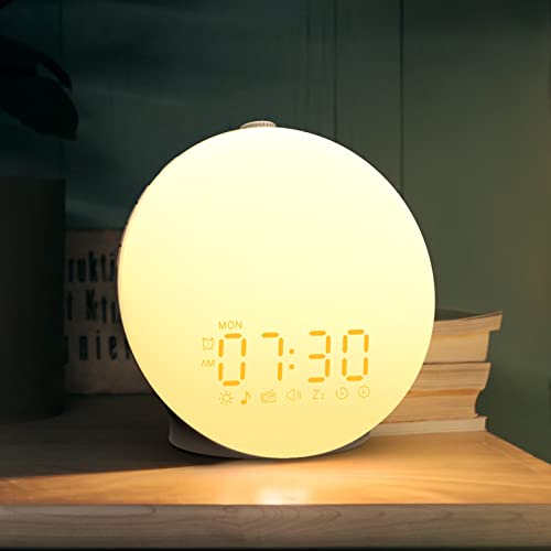Exlush 2023 New Wake Up Light Sunrise Alarm Clock, Aurora Light for Kids, Heavy Sleepers,Sunrise Simulation, Sleep Aid, Dual Alarms, FM Radio, Snooze, Nightlight, Daylight, Natural Sounds