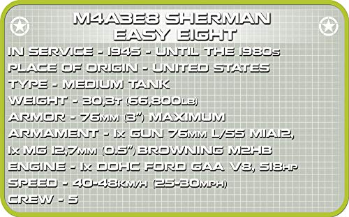 COBI Historical Collection M4A3E8 Sherman (Easy Eight) Tank, Army Green,316 pcs