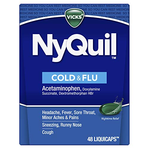 Vicks NyQuil Cold and Flu Relief Liquid Medicine, Powerful Multi-Symptom Nighttime Relief for Headache, Fever, Sore Throat, Minor Aches and Pains, Sneezing, Runny Nose, and Cough, 48 Liquicaps