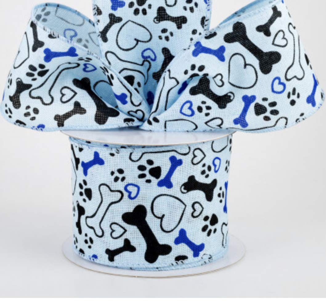 Light Blue Wired Linen Ribbon 2 1/2" Black & Royal Blue Dog Bones & Hearts and Black Dog Paw Prints Pawprint Pet Canine Themed Bone Paws Light Blue Stitched Wire Edged 2.5" 10 Yard Roll (30 Feet)
