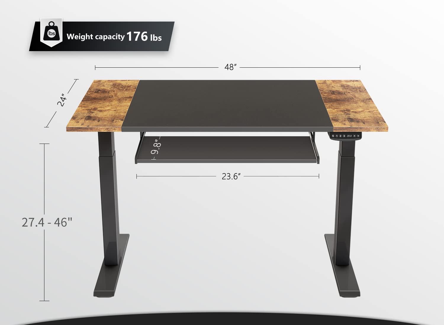 FEZIBO Dual Motor Height Adjustable Electric Standing Desk with Keyboard Tray, 48 x 24 Inch Sit Stand Table with Splice Board, Black Frame/Rustic Brown and Black Top