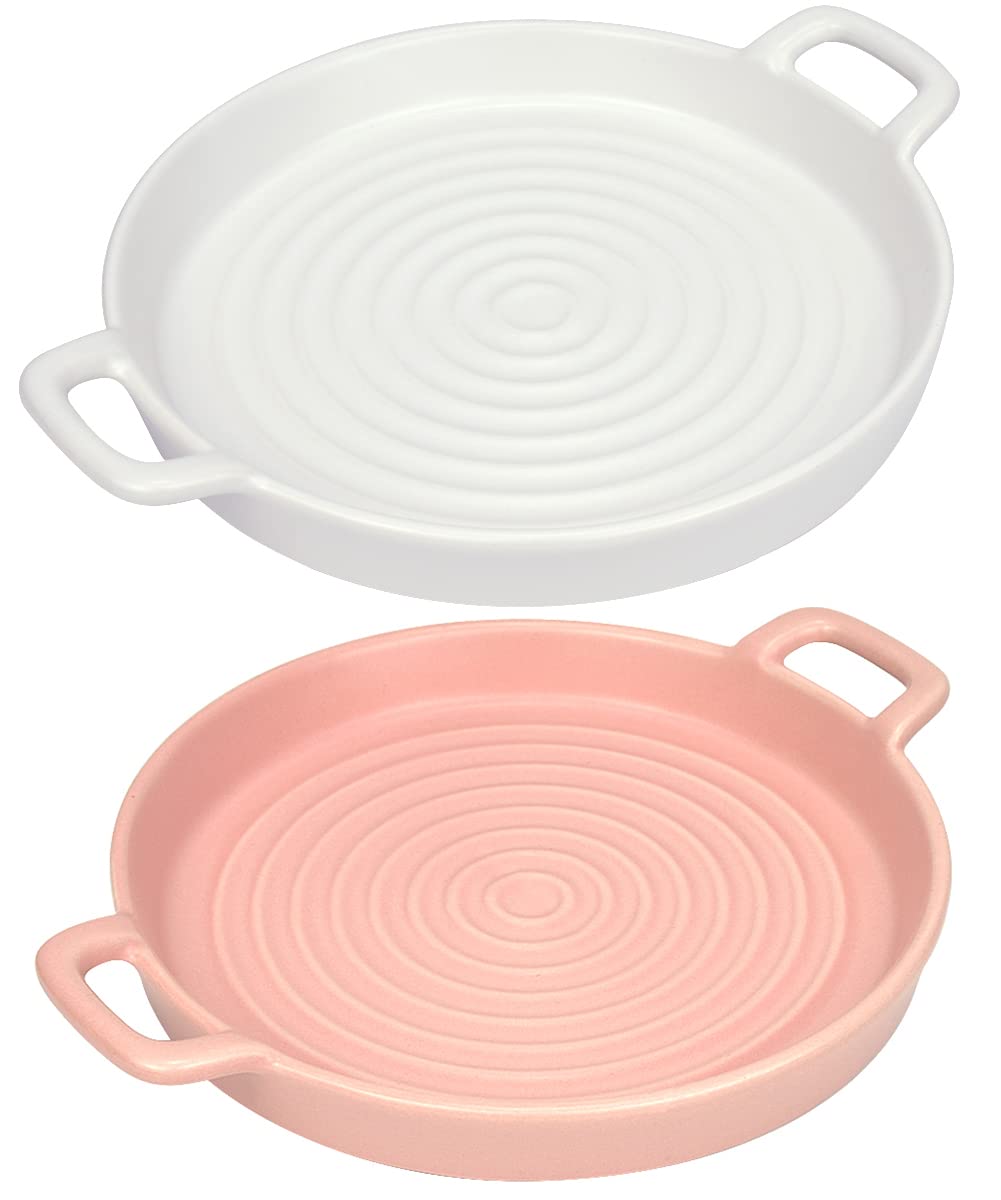 Lakerwin Ceramic Cat Bowl, Whisker Fatigue Relief Cat Food Dish, Shallow Wide Pet Feeding Plate for Cat, Kitten and Kitty, Short Legged Munchkin Cat, Pink & White