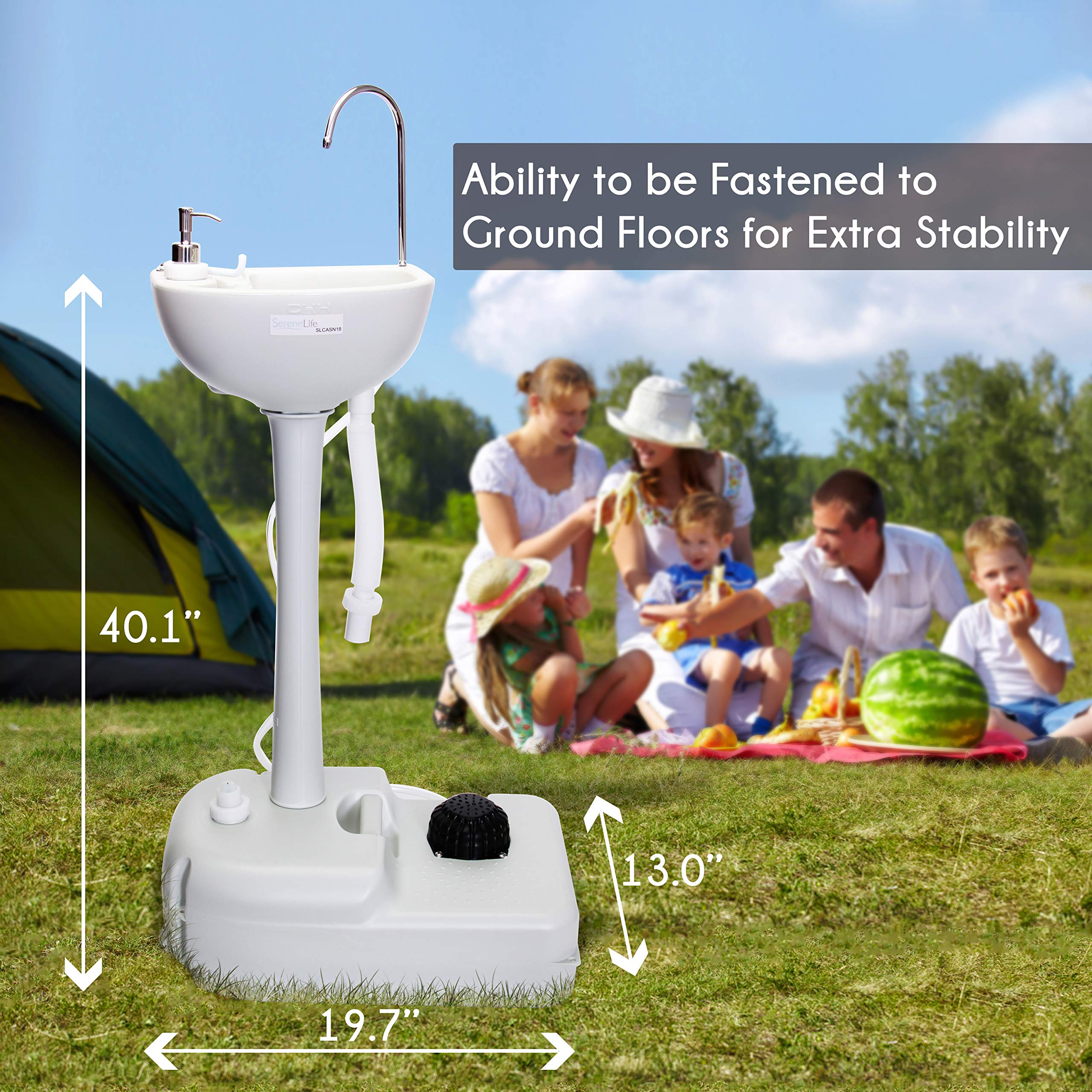 SereneLife Portable Camping Sink with 19L (5+ Gallon) Water Tank, Hands-Free Foot Pump, Soap Dispenser & Towel Holder, Compact Design with Carry Handle – Perfect for Camping, Worksites, Outdoors