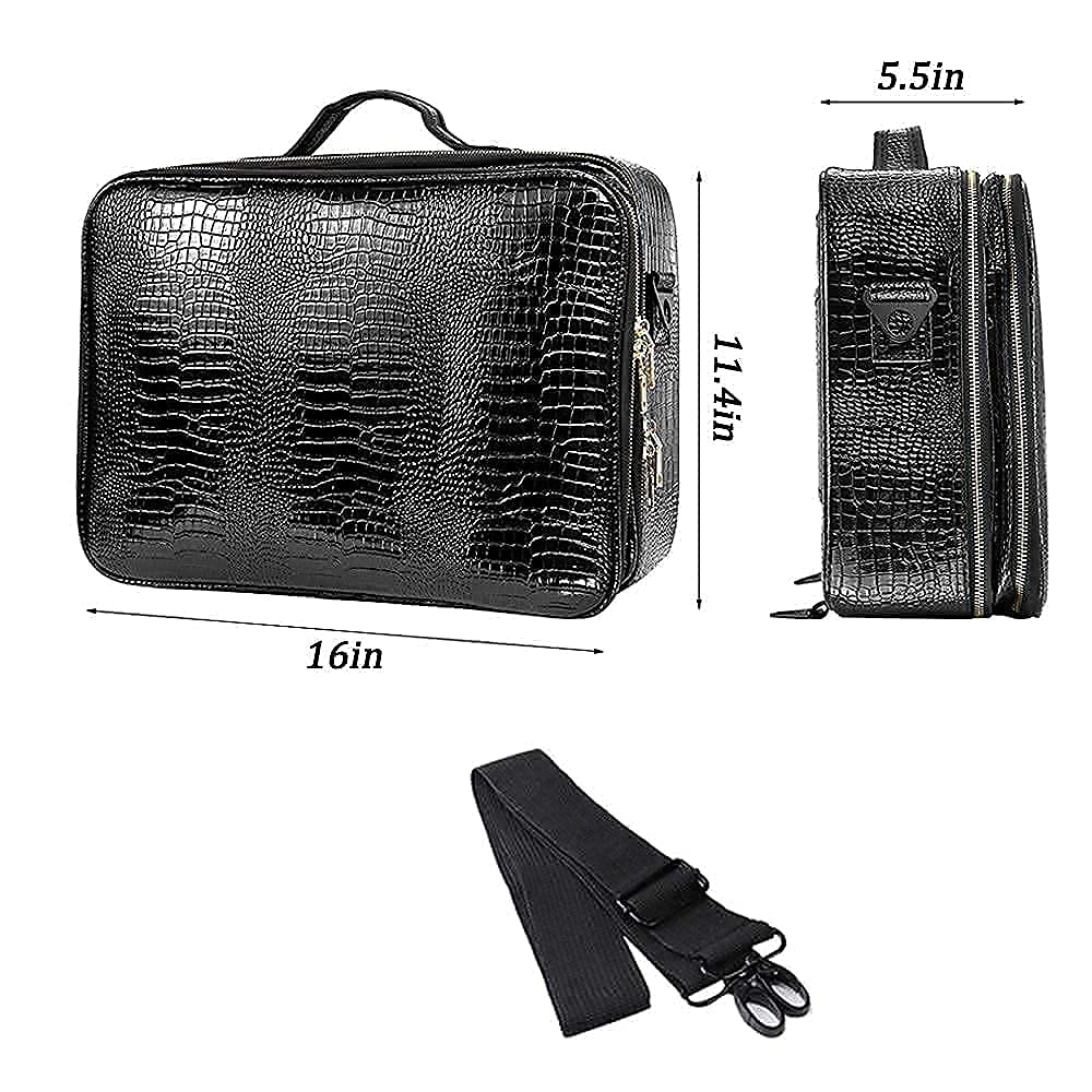 gzcz Large Makeup Train Case Professional 16" Travel Makeup Cosmetic Bag Organizer Portable PU Leather Makeup Storage Case Artist Box with Adiustable Dividers & Strap (L-Crocodile Pattern)