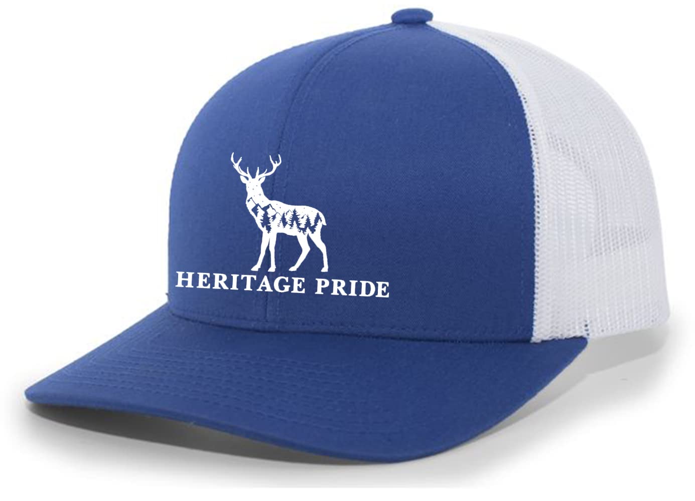 Heritage Pride Scenic Deer Mens Embroidered Mesh Back Trucker Hat Baseball Cap, Royal/White