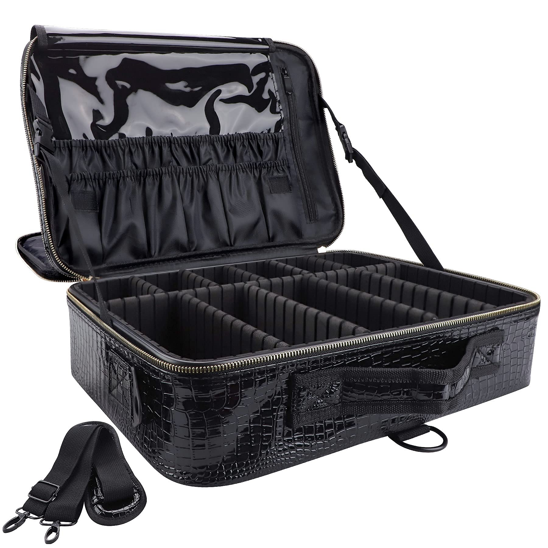 gzcz Large Makeup Train Case Professional 16" Travel Makeup Cosmetic Bag Organizer Portable PU Leather Makeup Storage Case Artist Box with Adiustable Dividers & Strap (L-Crocodile Pattern)