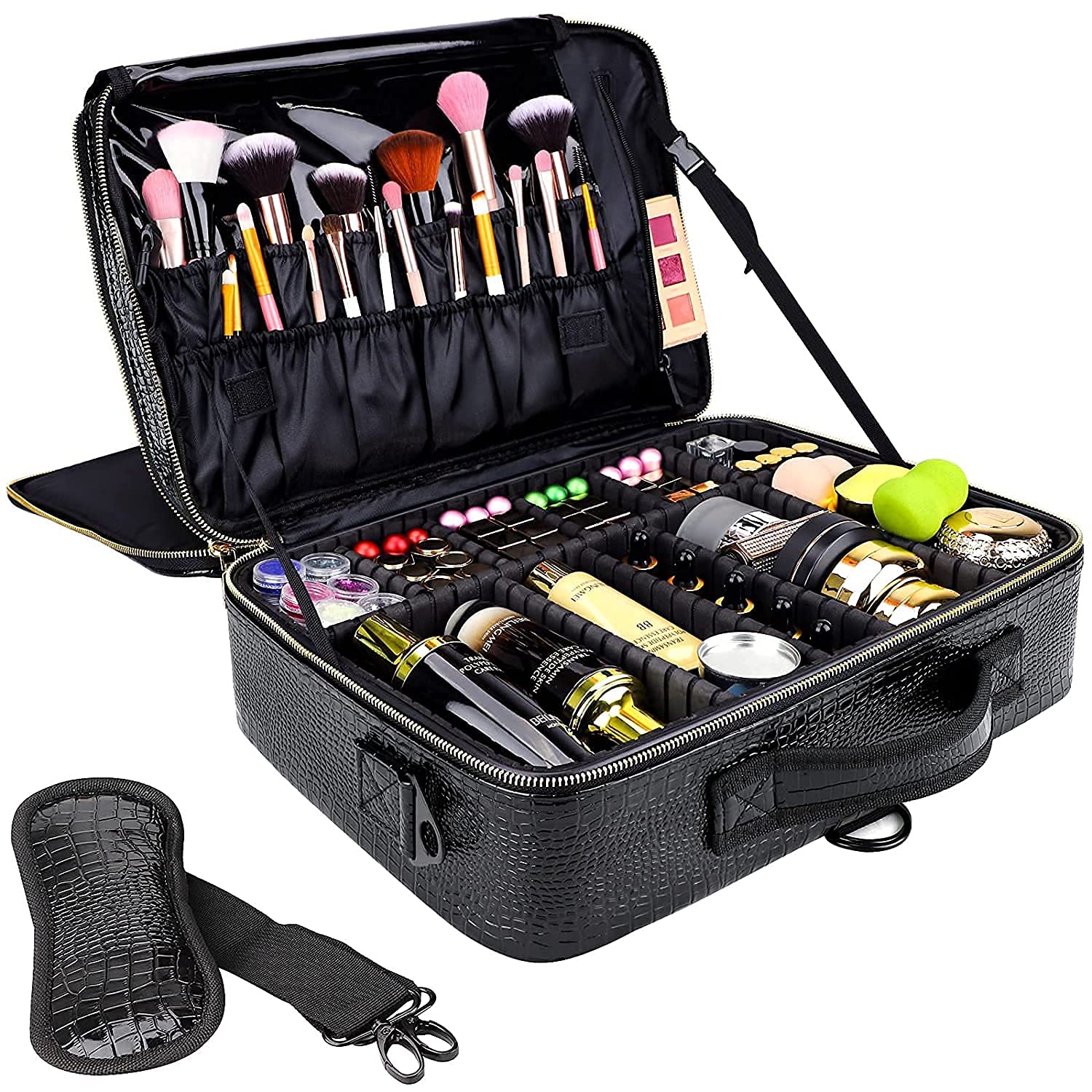 gzcz Large Makeup Train Case Professional 16" Travel Makeup Cosmetic Bag Organizer Portable PU Leather Makeup Storage Case Artist Box with Adiustable Dividers & Strap (L-Crocodile Pattern)