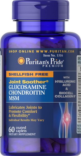 Joint Soother Glucosamine, Chondroitin & MSM with Hyaluronic Acid & Collagen, 60 Count by Puritan's Pride, White