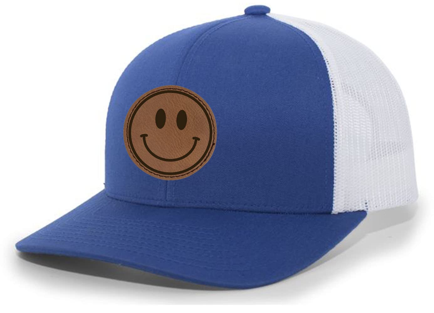 Heritage Pride Happy Face Smile Leather Patch Mens Trucker Hat Baseball Cap, Royal/White