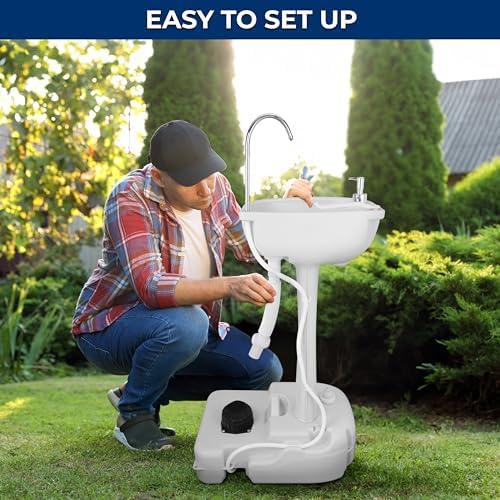 SereneLife Portable Camping Sink with 19L (5+ Gallon) Water Tank, Hands-Free Foot Pump, Soap Dispenser & Towel Holder, Compact Design with Carry Handle – Perfect for Camping, Worksites, Outdoors