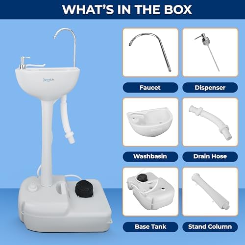 SereneLife Portable Camping Sink with 19L (5+ Gallon) Water Tank, Hands-Free Foot Pump, Soap Dispenser & Towel Holder, Compact Design with Carry Handle – Perfect for Camping, Worksites, Outdoors