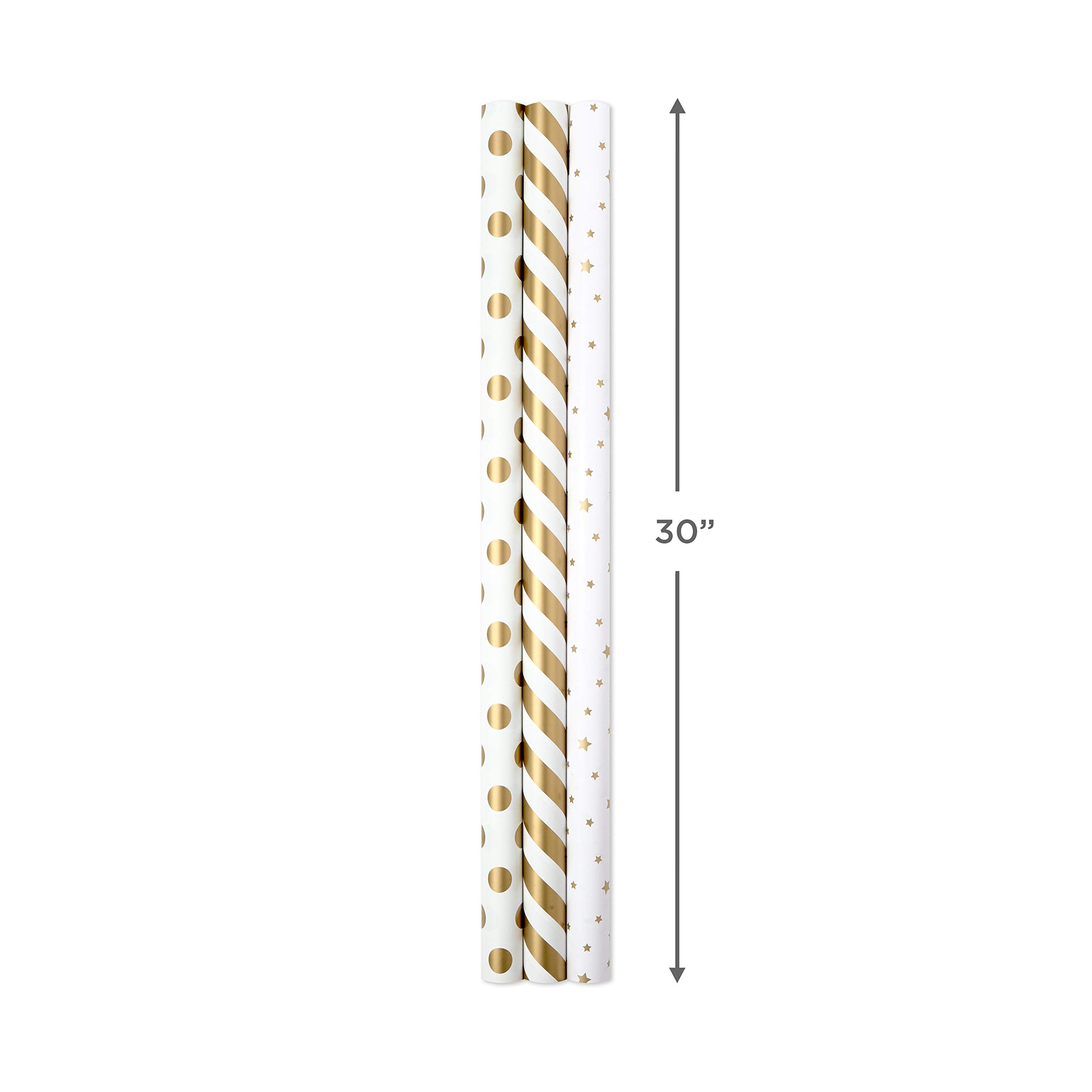 Hallmark Gold and White Wrapping Paper with Cutlines on Reverse (3 Rolls: 105 sq. ft. ttl) for Birthdays, Weddings, Christmas, Hanukkah, Graduations, Engagements, Bridal Showers