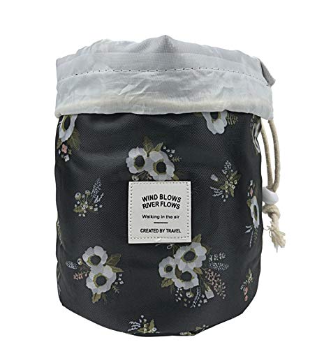 WONSHREE Drawstring Cosmetic Bag Lazy Travel Makeup Bag Barrel Toiletry Bag Organizer Portable Quick Packing Pouch for Women Girls, Black Flowers