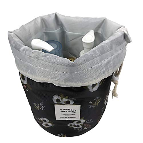 WONSHREE Drawstring Cosmetic Bag Lazy Travel Makeup Bag Barrel Toiletry Bag Organizer Portable Quick Packing Pouch for Women Girls, Black Flowers