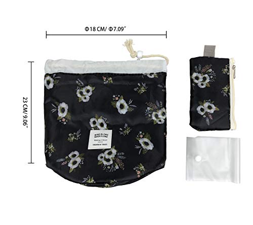 WONSHREE Drawstring Cosmetic Bag Lazy Travel Makeup Bag Barrel Toiletry Bag Organizer Portable Quick Packing Pouch for Women Girls, Black Flowers