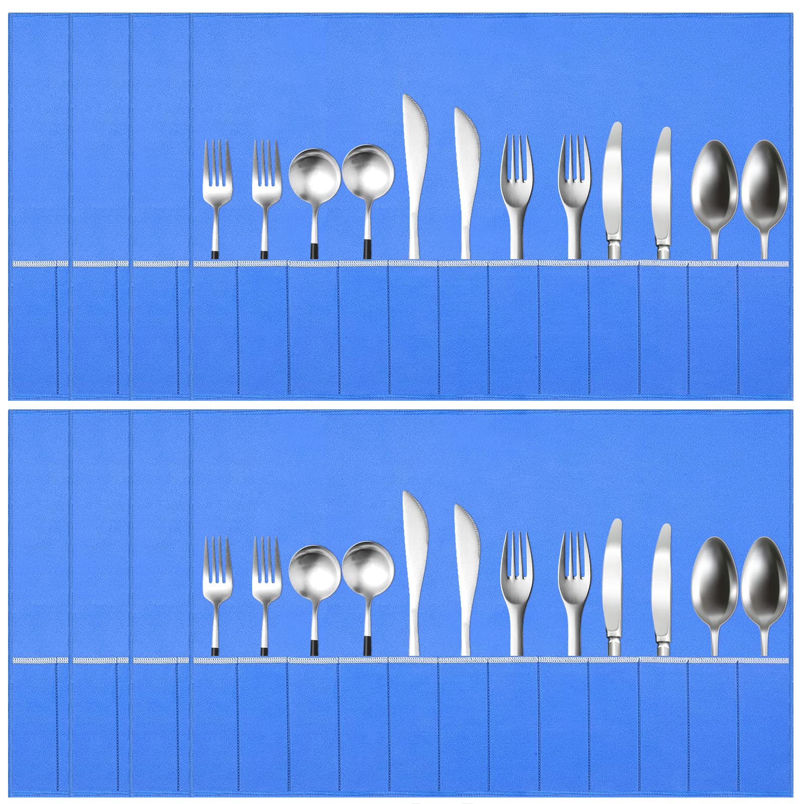 Ikaufen 8Pcs Silver Storage Bags Anti Tarnish Flannel Silver Protector Bags Blue Holder for Silverware Flatware Storage Organizer Silver Storage Cloth with White Ribbon for Kitchen Utensils