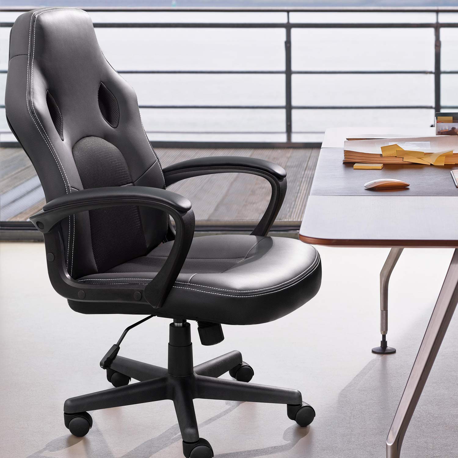 Furmax Office Chair Desk Chair Leather Gaming Chair Computer Chair Racing Style Ergonomic Adjustable Swivel Task Chair with Lumbar Support and Arms (Black)