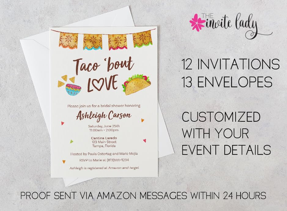 Taco Bridal Shower Invitations Fiesta Wedding Invite Taco Bout 'Bout Love Customizable Printed Personalized Cards (12 Count)