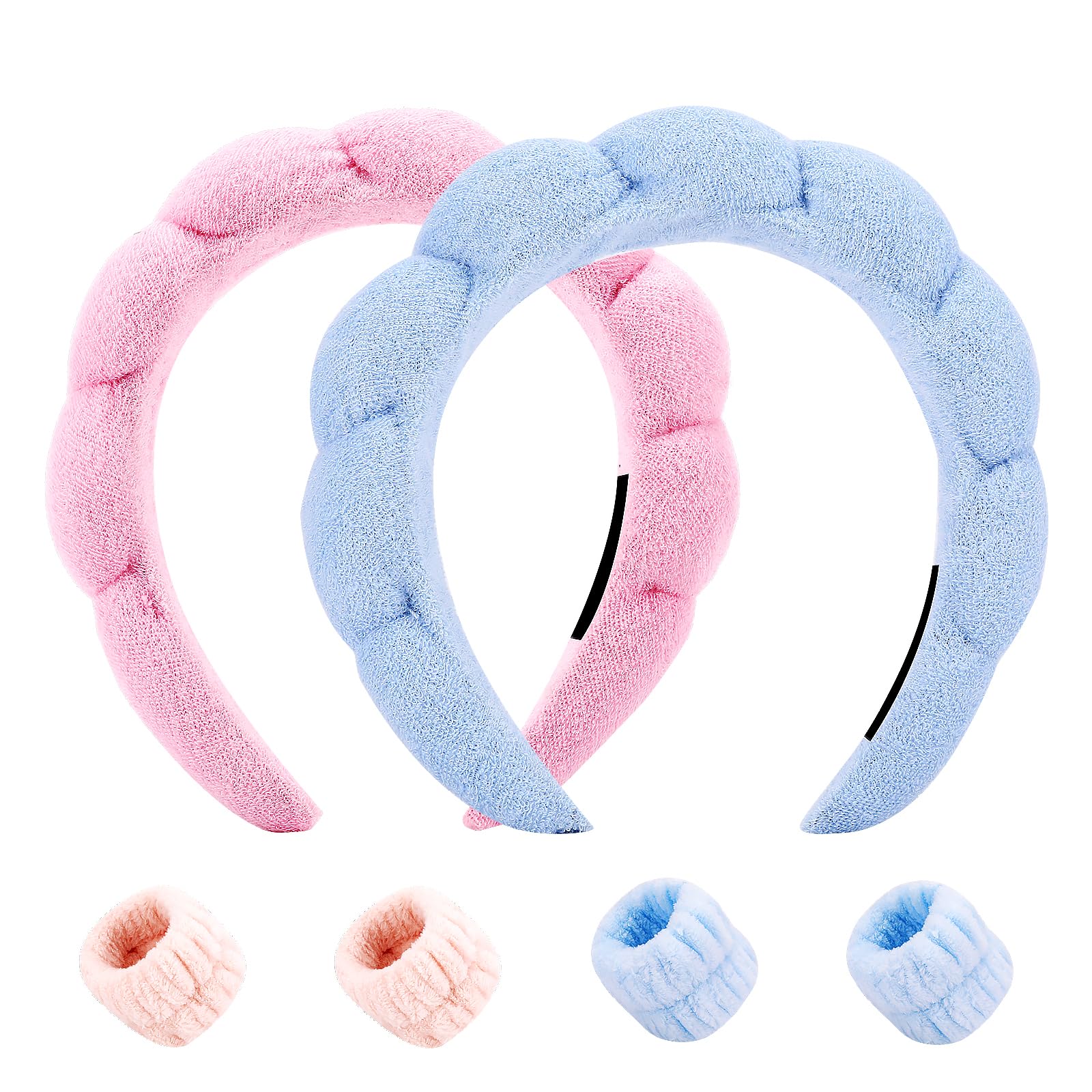 XBagSJ 2Pack SPA Headband for Washing Face, Puffy Headband, Face Wash Headband and Wrist Washband Set, Soft and Comfortable, Makeup, Shower, Skin Care headbands for Women Girls(Pink & Blue)