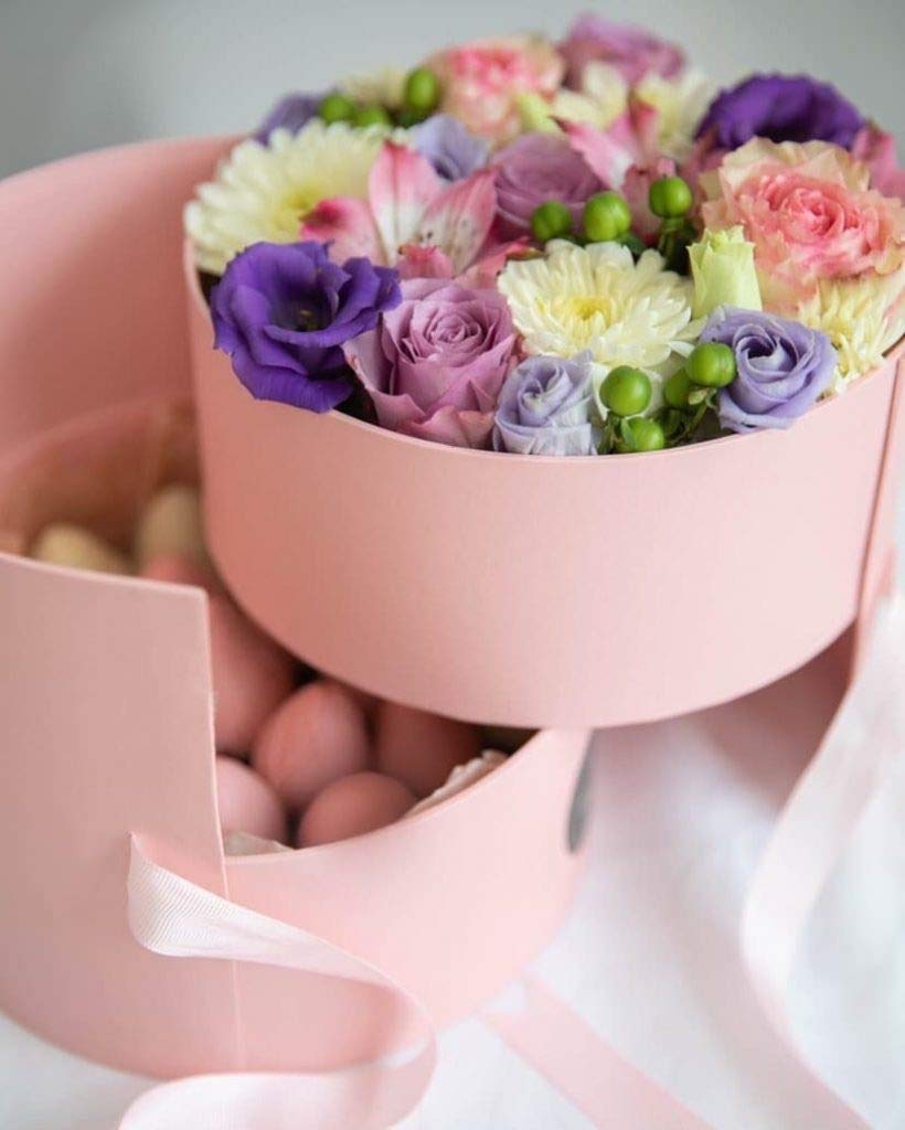 UNIKPACKAGING Premium Quality Round Flower Box, 2 TIER Gift Box with Lid, Size 7.8 dia. x 7 inch for Luxury Style Flower Arrangements (Pink)