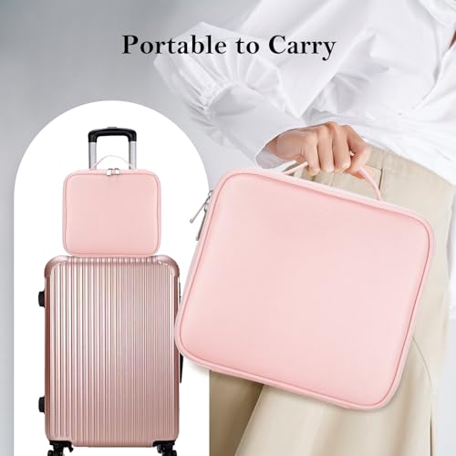 DROWIN Pink Makeup Bag with Mirror, Makeup Bags for Women, Travel Makeup Train Case, Makeup Organizer Bag, Adjustable Dividers & Support Straps, Portable Storage Bag for Makeup Brushes Toiletry