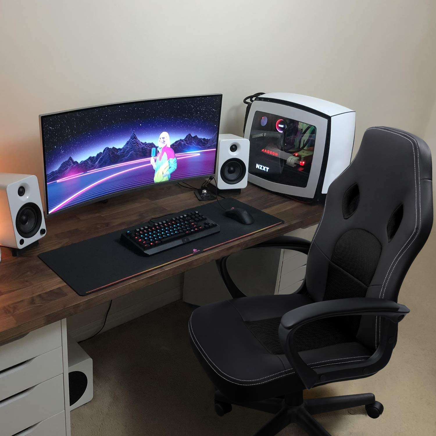 Furmax Office Chair Desk Chair Leather Gaming Chair Computer Chair Racing Style Ergonomic Adjustable Swivel Task Chair with Lumbar Support and Arms (Black)