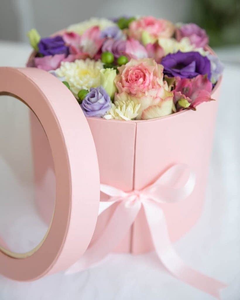UNIKPACKAGING Premium Quality Round Flower Box, 2 TIER Gift Box with Lid, Size 7.8 dia. x 7 inch for Luxury Style Flower Arrangements (Pink)